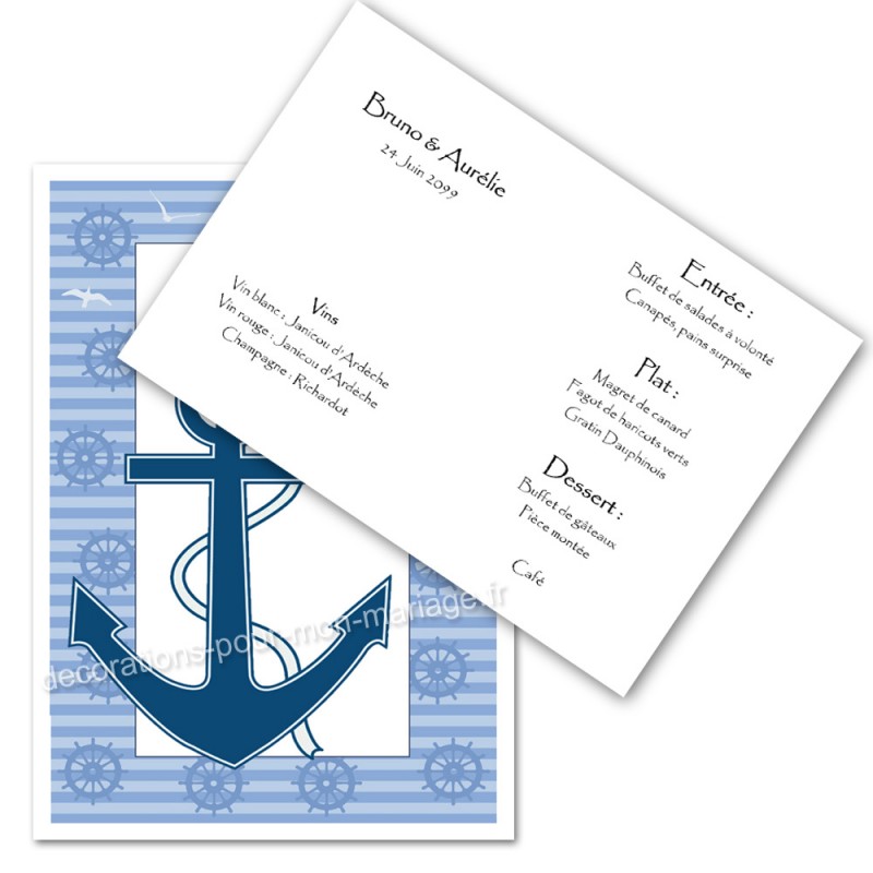 Menu décoratif mer marin ancre pour tables de mariage
